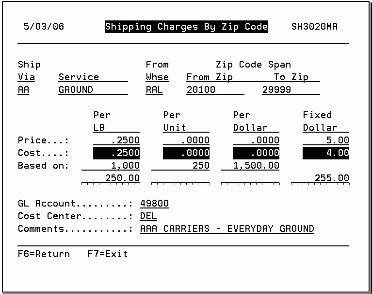 Shipping Charges by Zip/Postal Code Inquiry - CUS 20
