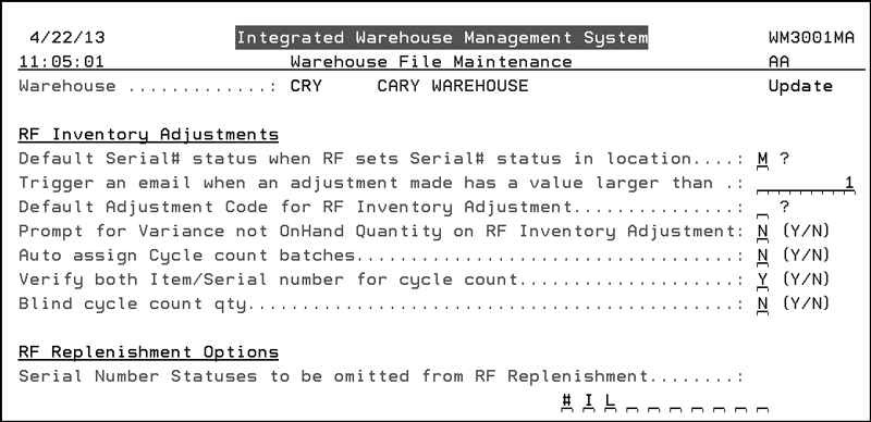 Warehouse Settings File