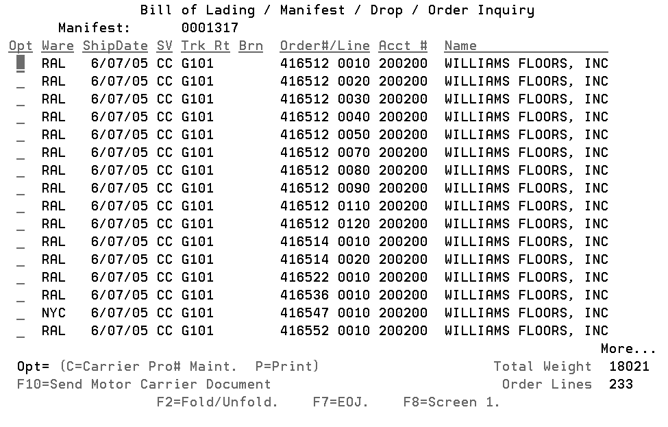 Bill of Lading, Manifest, Drop Inquiry - WAR 19